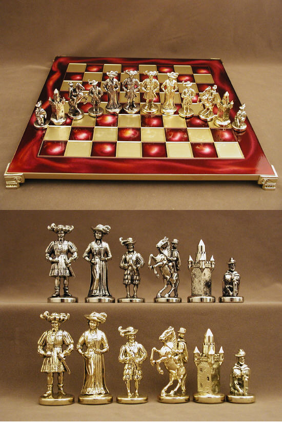 17" Red Brass Board with Metal Greek Chessmen.