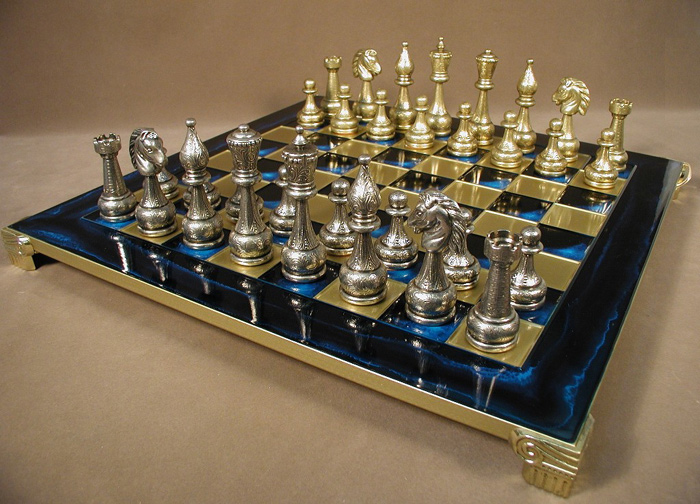 4" Blue Enamel & Brass Metal Chess Set